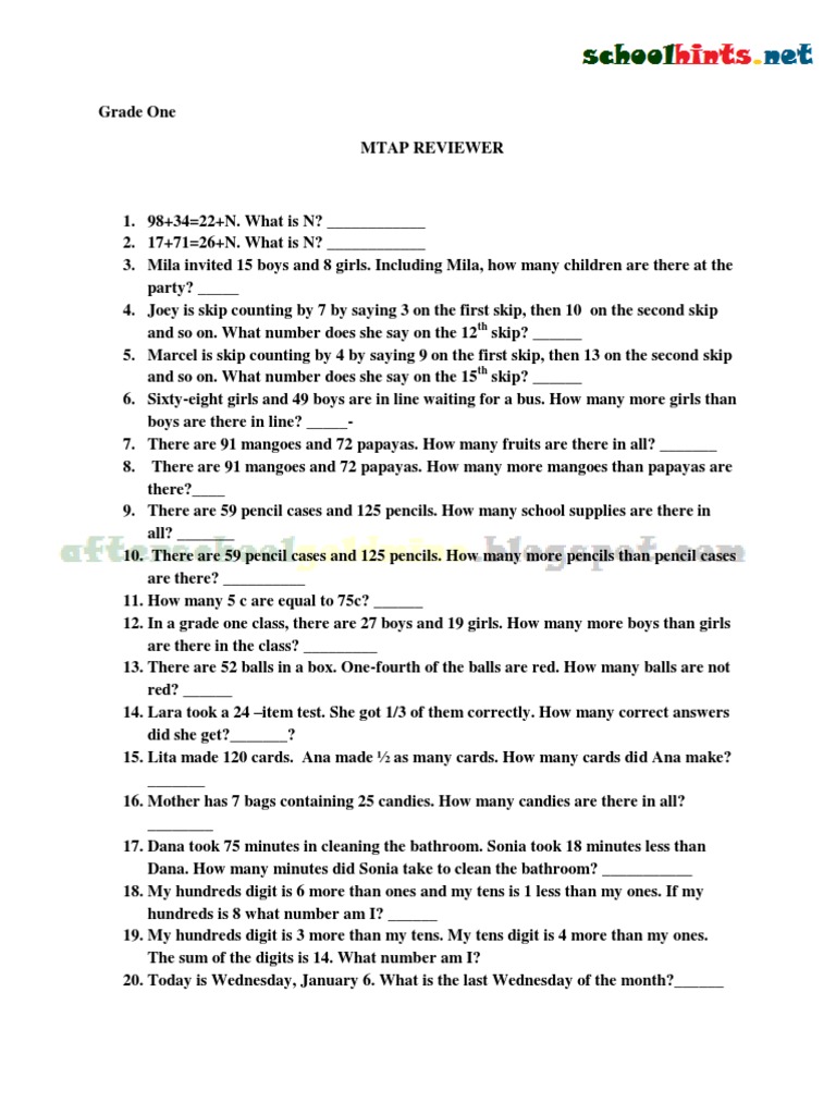 MTAP questions for grade 1