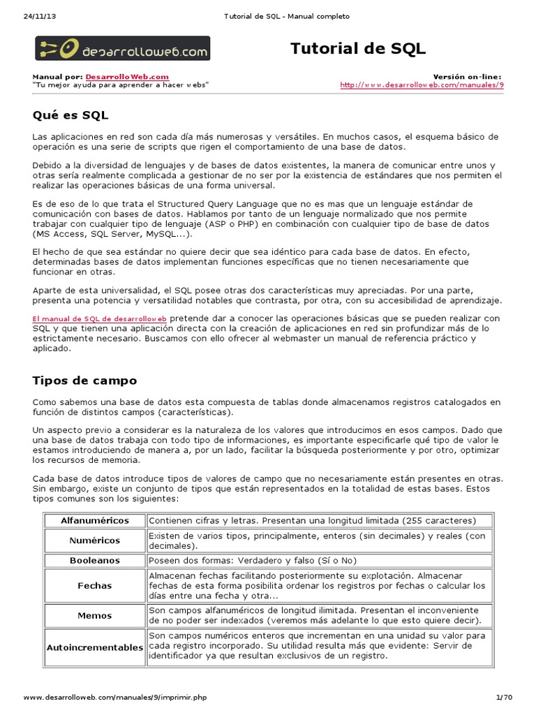 Tutorial de SQL - Manual Completo | PDF | SQL | Tabla (base de datos)