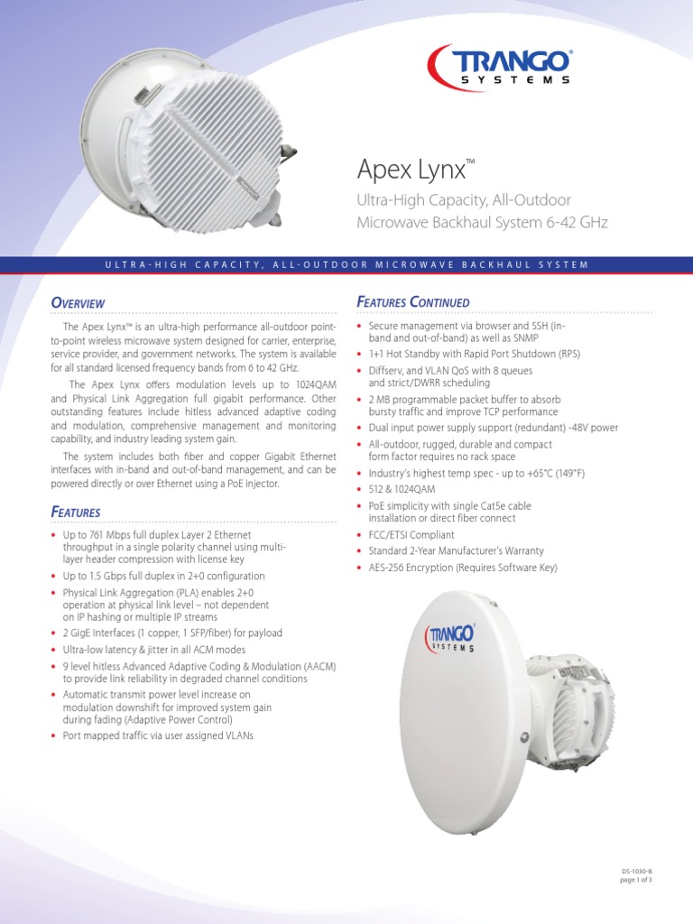 Apex Lynx Datasheet Microxave Antenna | PDF | Ethernet | Microwave