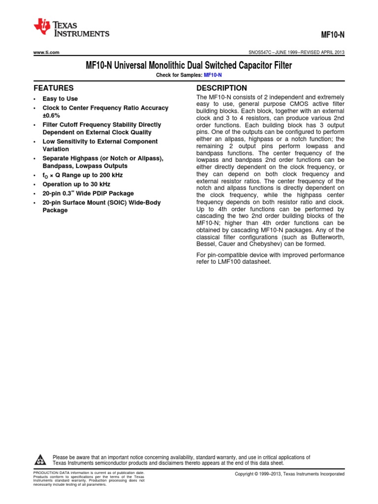 MF10-N Universal Monolithic Dual Switched Capacitor Filter: Features ...