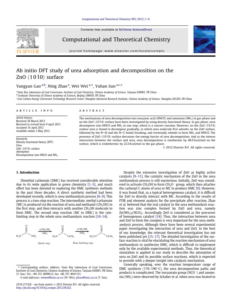 Ab Initio DFT Study of Urea Adsorption and Decomposition On The ZnO Surface | PDF | Adsorption ...