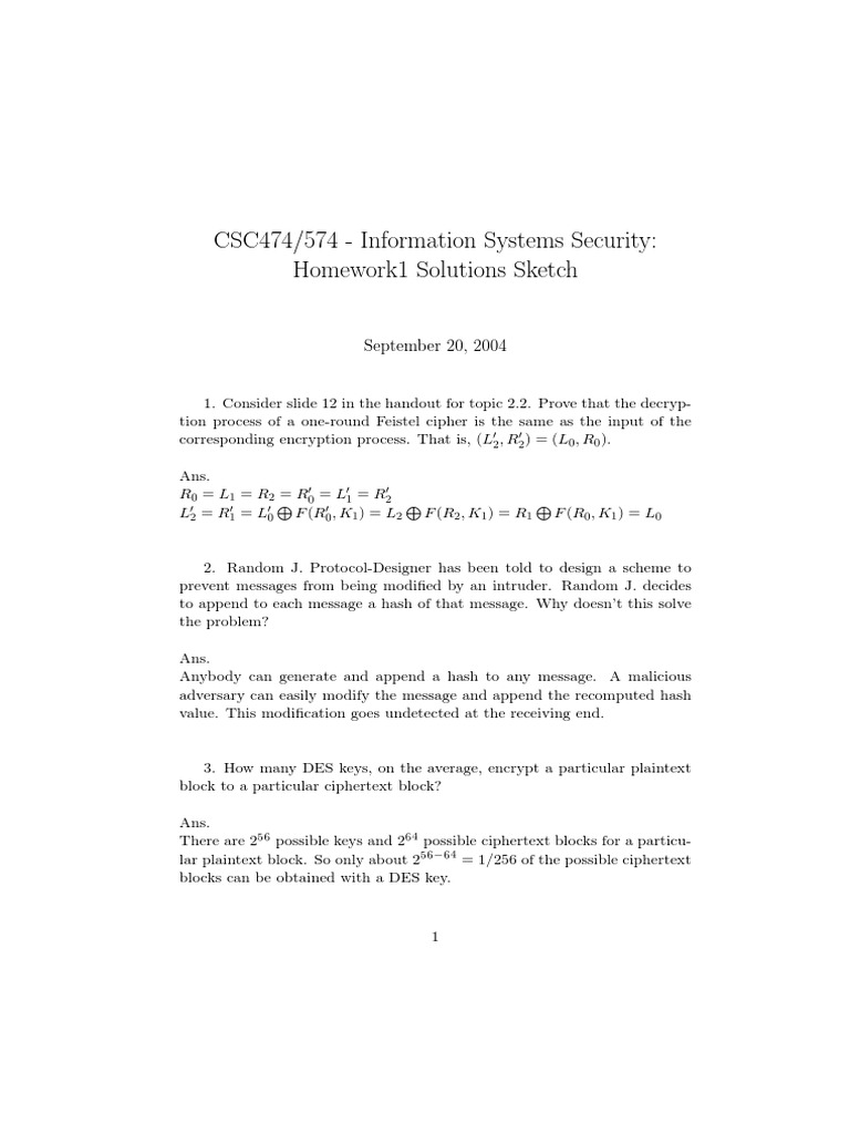 CSC474/574 - Information Systems Security: Homework1 Solutions Sketch | PDF | Cryptography | Key ...