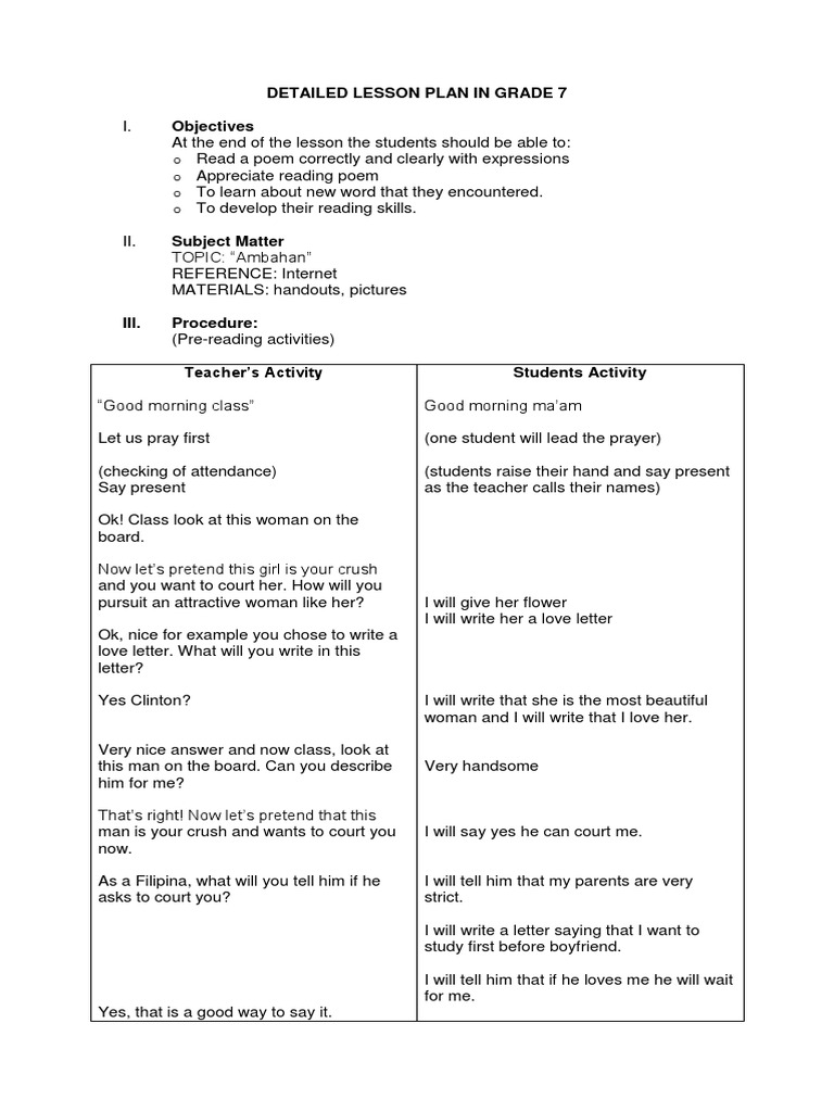 Grade 7 Lesson Plan: Lyric Poetry | PDF | Lyric Poetry | Poetry