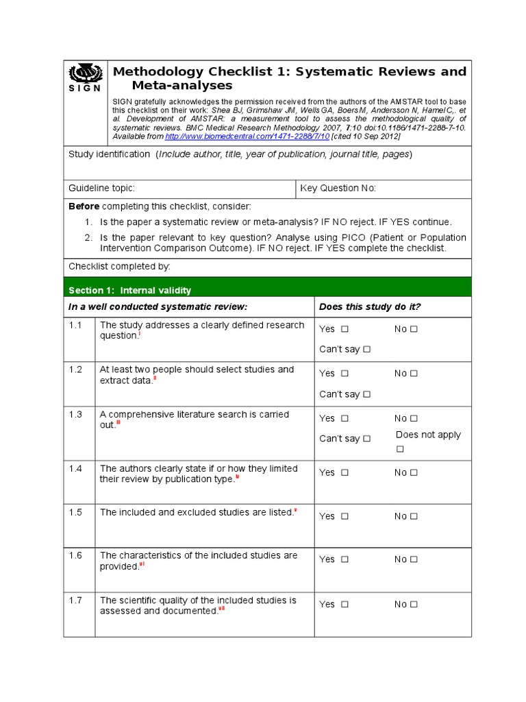 Methodology Checklist 1: Systematic Reviews and Meta-Analyses | PDF ...