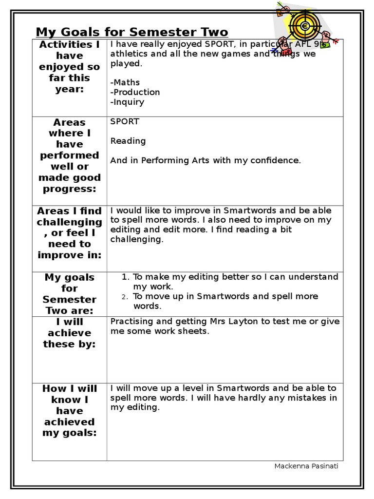 Student's Semester Goals | PDF | Language Arts & Discipline