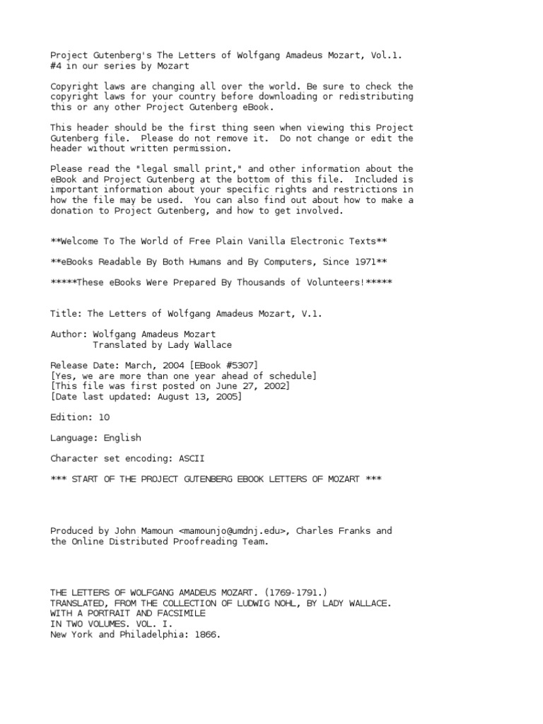 The Letters of Wolfgang Amadeus Mozart - Volume 01 by Mozart, Wolfgang ...