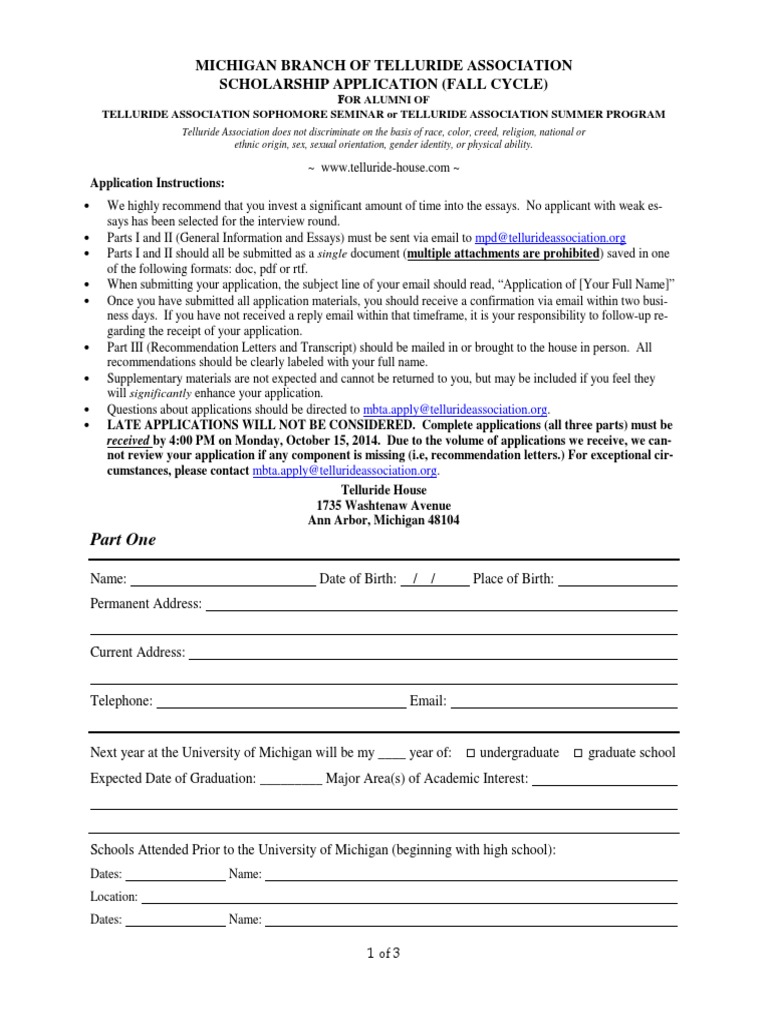 Michigan Branch of Telluride Association Scholarship Application (Fall ...