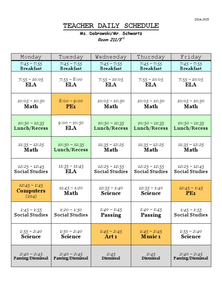 2014-2015 Teacher Schedule Room 211 | PDF