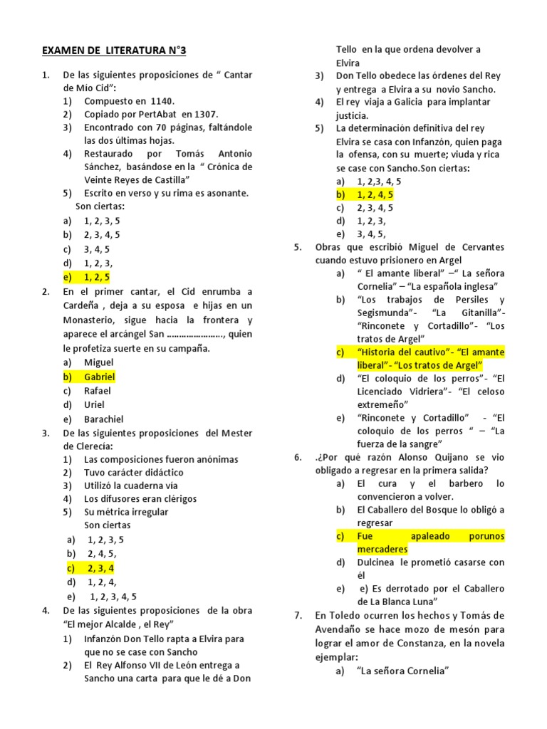 EXAMEN DE LITERATURA N°3 | Literatura española | Literatura en español ...