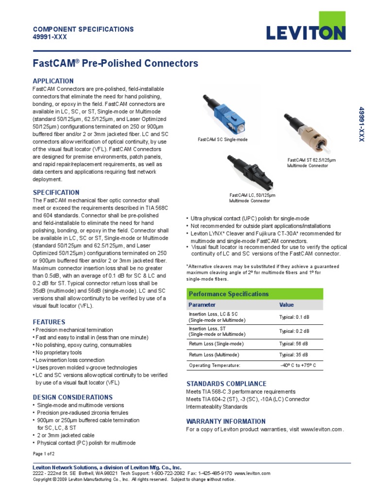 029 Leviton - Conectores Fibra Optica Fast Cam-Prepulidos SMMM-49991 ...