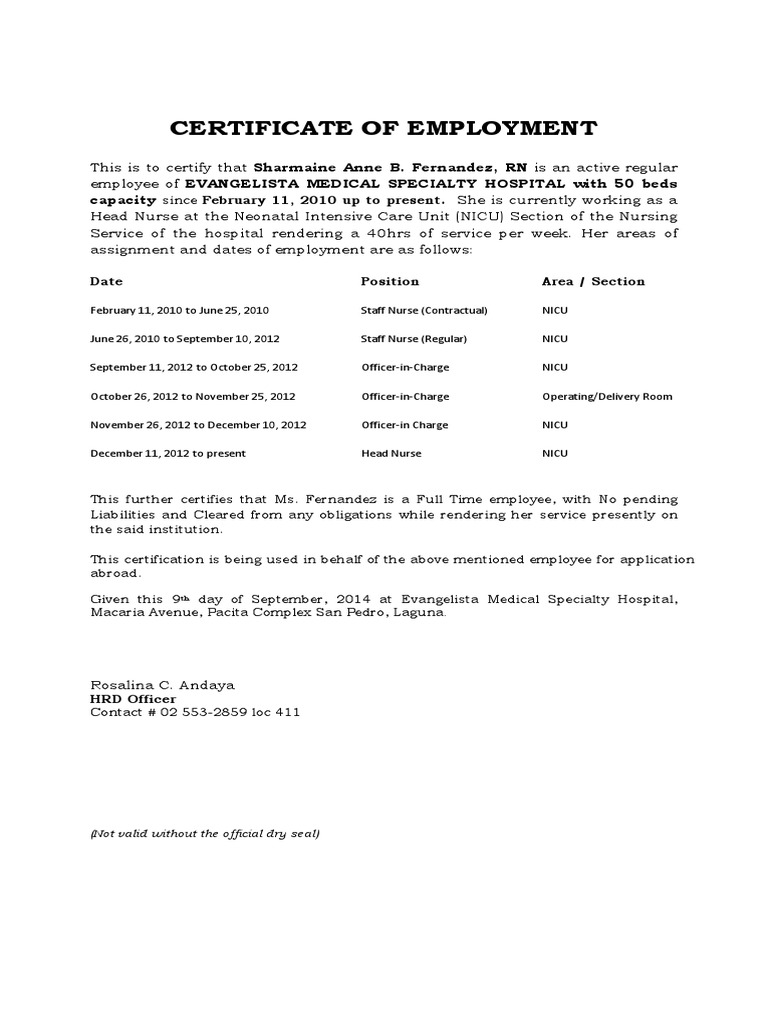 Certificate of Employment: Capacity | PDF | Neonatal Intensive Care ...