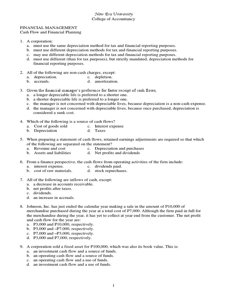 Cash Flow and Financial Planning Quiz | PDF | Depreciation | Dividend