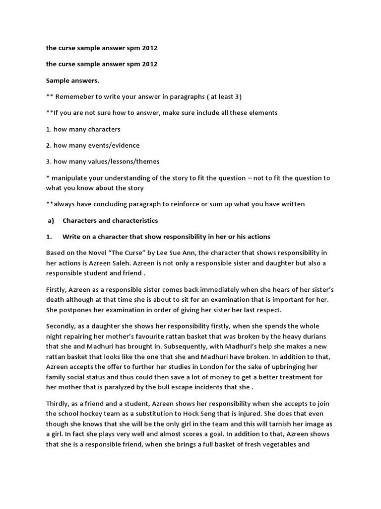 The Curse Sample Answer SPM 2012 The Curse Sample Answer SPM 2012 Sample Answers | PDF ...