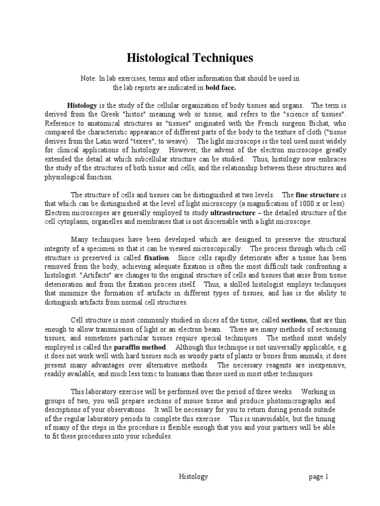 Histological Techniques: Histology Is The Study of The Cellular ...