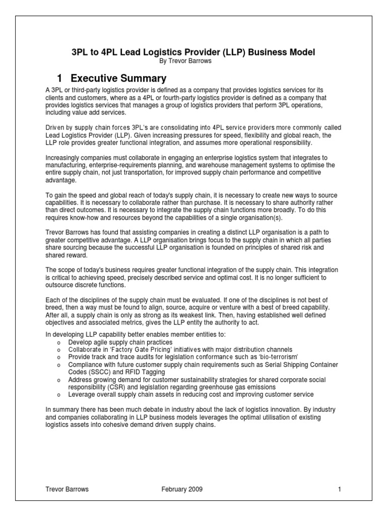 1 Executive Summary: 3PL To 4PL Lead Logistics Provider (LLP) Business ...