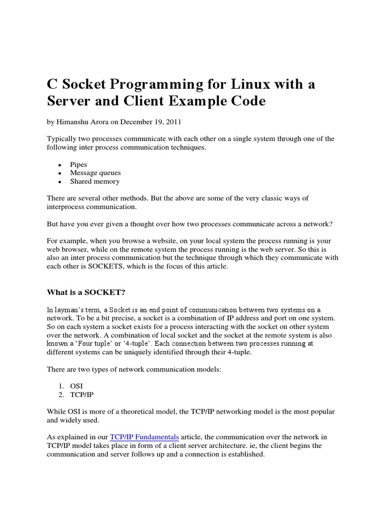 C Socket Programming For Linux With A Server and Client Example Code | PDF | Network Socket ...