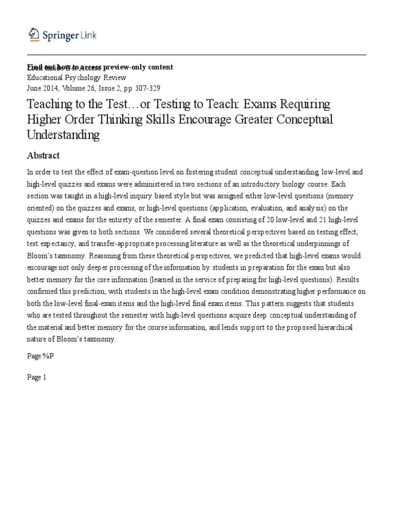 Teaching To The Test or Testing To Teach - Exams Requiring Higher Order ...