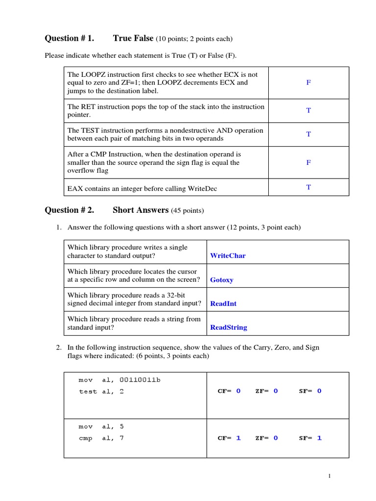 ExamII X86 Assembly Anskey | PDF | Subroutine | Integer (Computer Science)