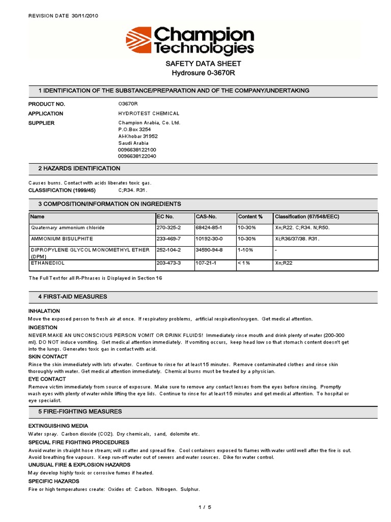 0-3670R Hydrosure Msds Eng AIP 30112010-2 | PDF | Personal Protective ...