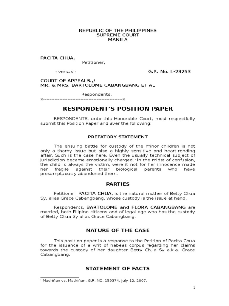 Legal Writing - Respondent - S Position Paper - Chua vs. Cabangbang ...