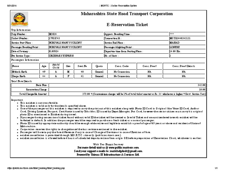 MSRTC E-Reservation Ticket Details | PDF | Access Control | Industries