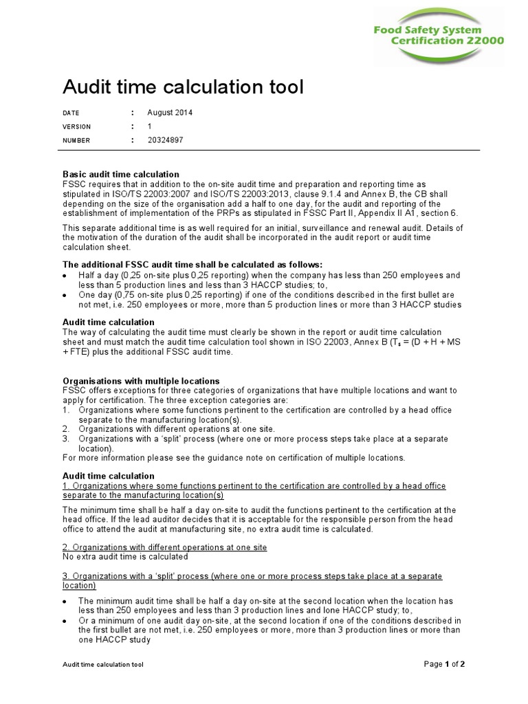 Audit Time Calculation Tool | Audit | Hazard Analysis And Critical ...