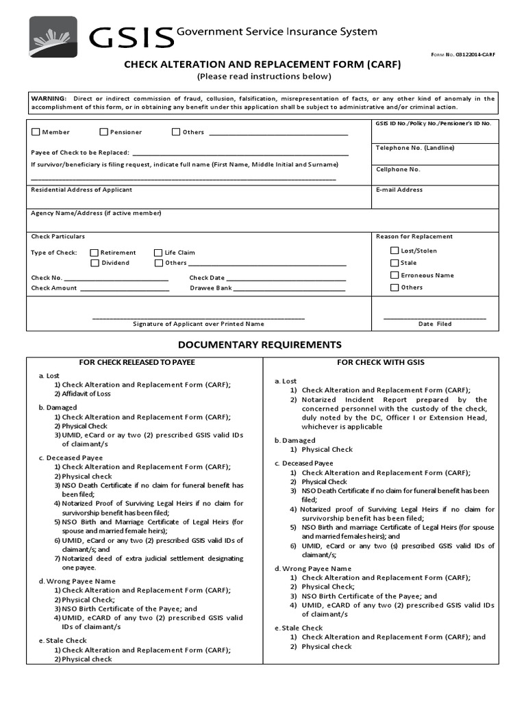 CARF: Check Alteration & Replacement Form | PDF | Cheque | Social ...