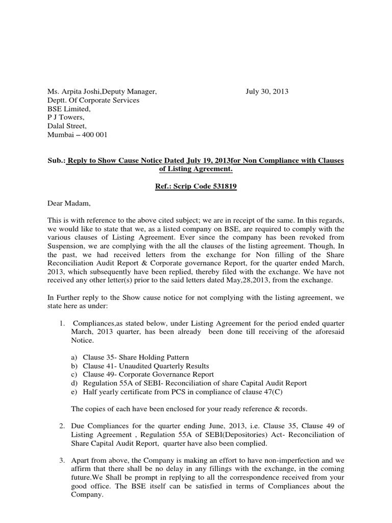 Draft Reply to BSE Notice- Nuway | Government Information | Government ...