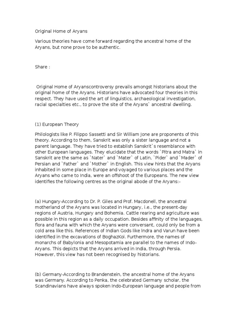 Theories - Original Home of The Aryans | PDF | Languages Of Europe ...
