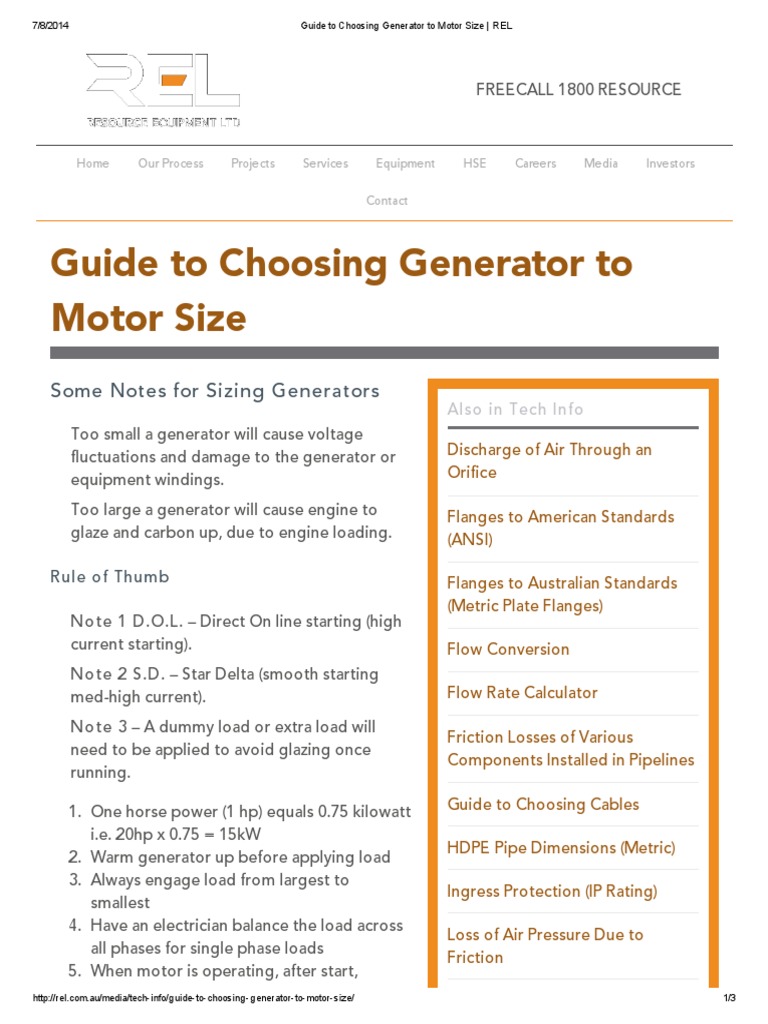 Guide To Choosing Generator To Motor Size - REL | PDF | Electric ...