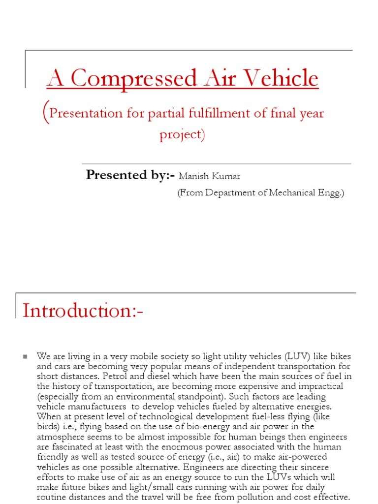 Compressed Air Vehicle Overview | PDF | Vehicles | Electric Vehicle