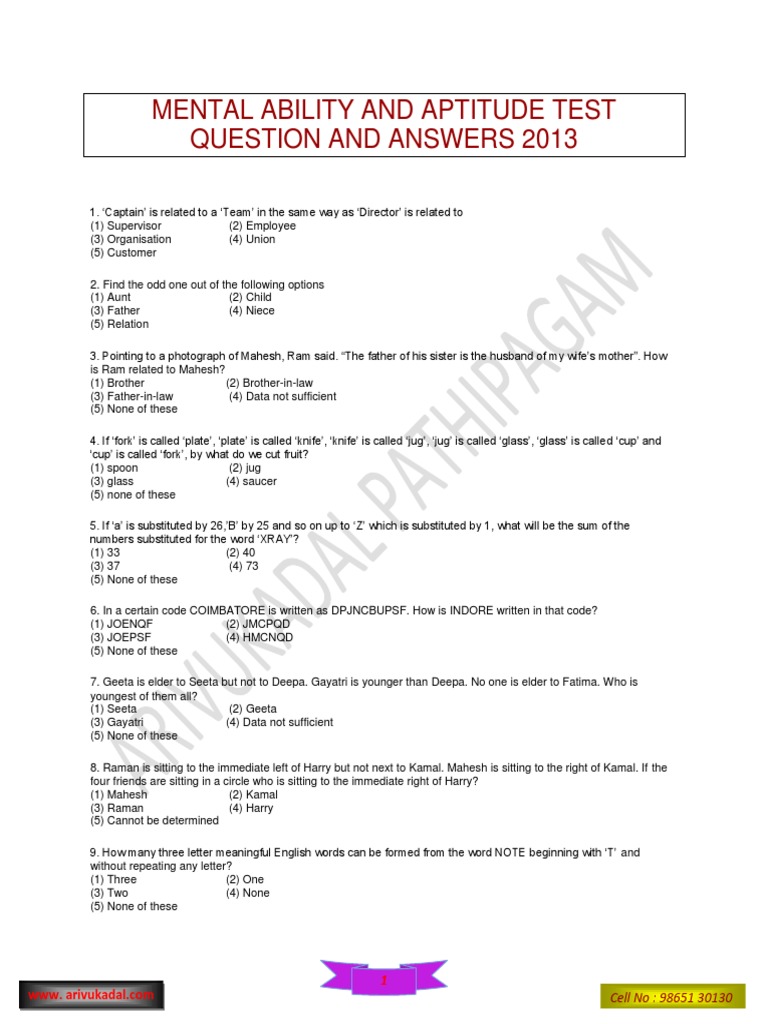 Tnpsc Mental Ability and Aptitude Test Question and Answers 2013 ...