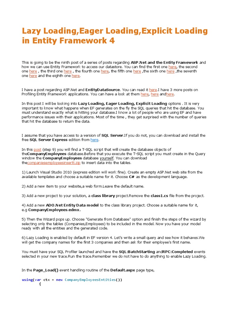 Lazy Loading, Eager Loading, Explicit Loading in Entity Framework 4 | PDF | Entity Framework ...