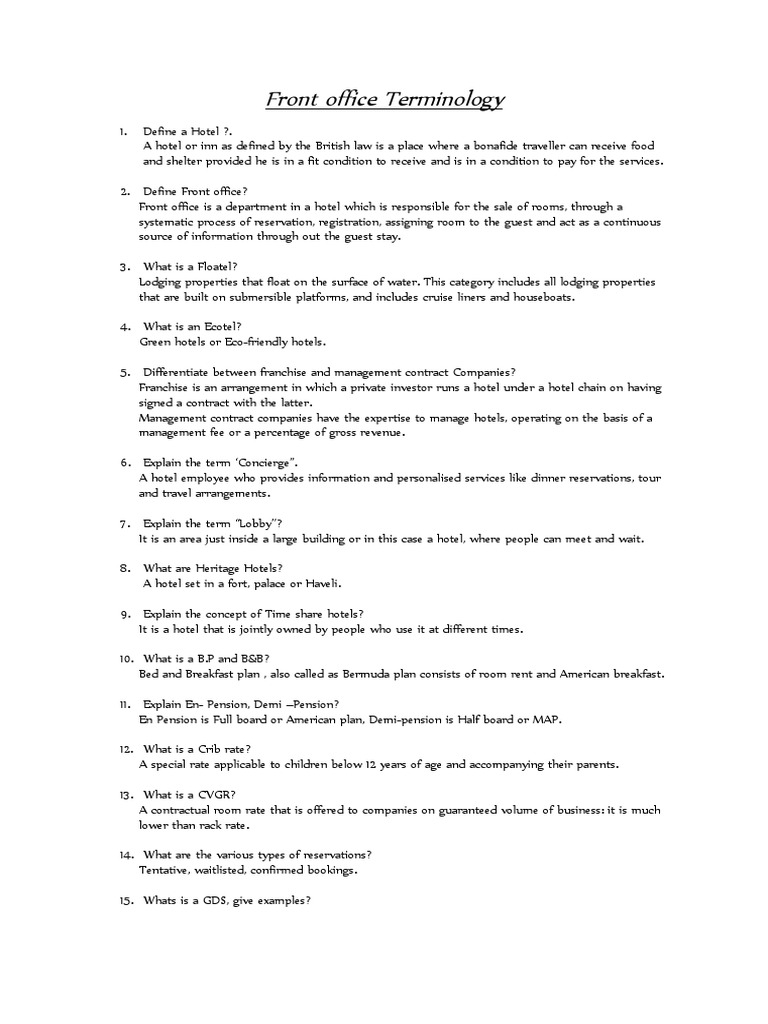 Front Office Terminology | Download Free PDF | Hotel | Travel Agency