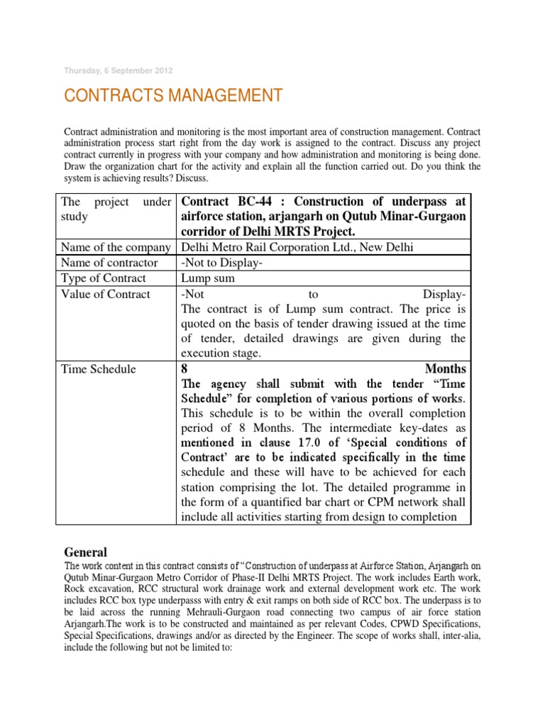 Gurugram Metro Contract Management Overview | PDF | General Contractor ...