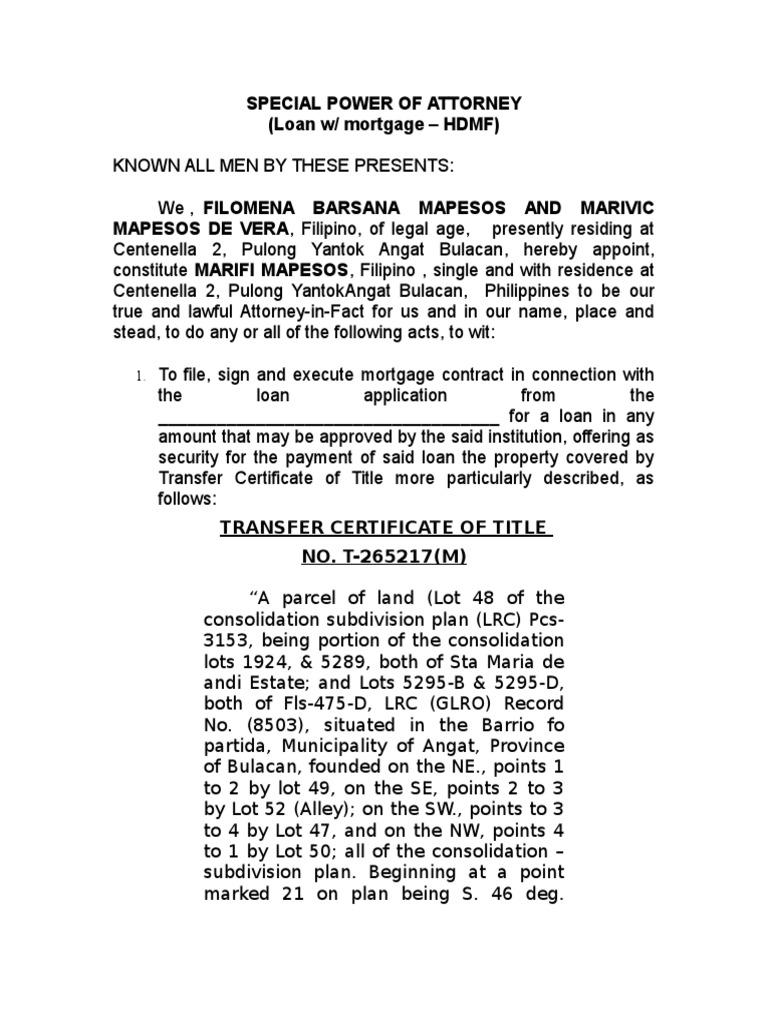 Spa For Loan With Mortgage - HDMF - Special Power of Attorney | PDF ...