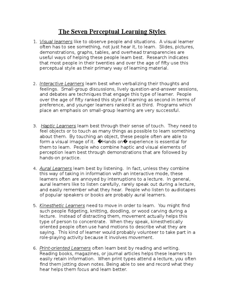 Understanding Seven Learning Styles | PDF | Learning Styles | Perception