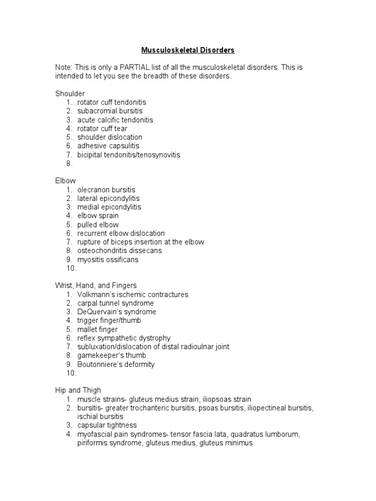 Comprehensive Musculoskeletal Disorders List | PDF | History