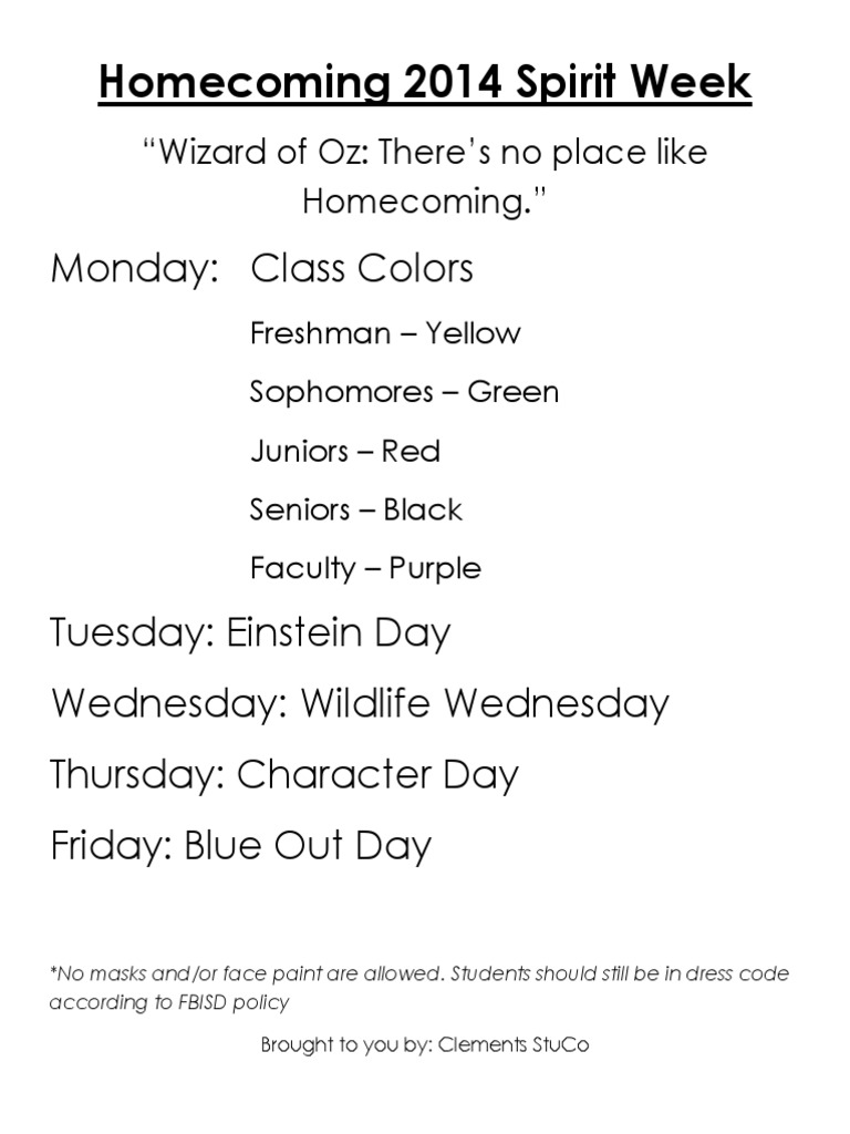 Clements Homecoming 2014 Spirit Week Guide | PDF