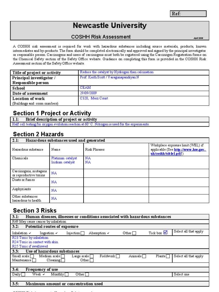 h2 Reduction Coshh Risk Assessment | Personal Protective Equipment ...