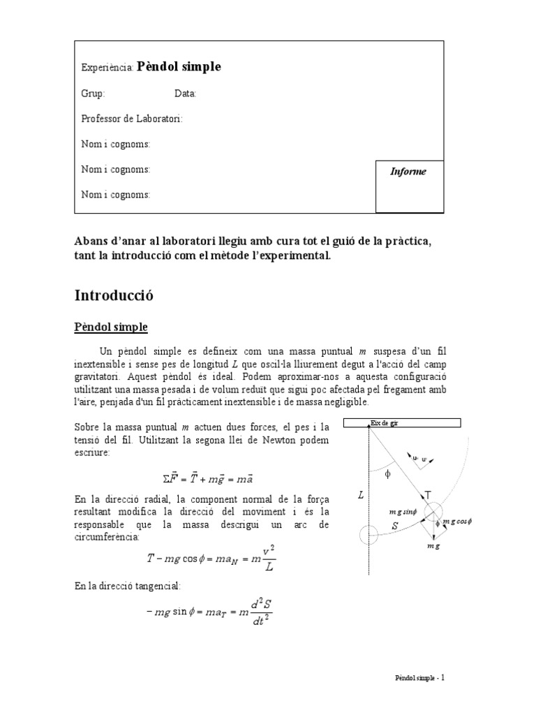 Pràctica 1 - Pèndol Simple - T12 PDF | PDF