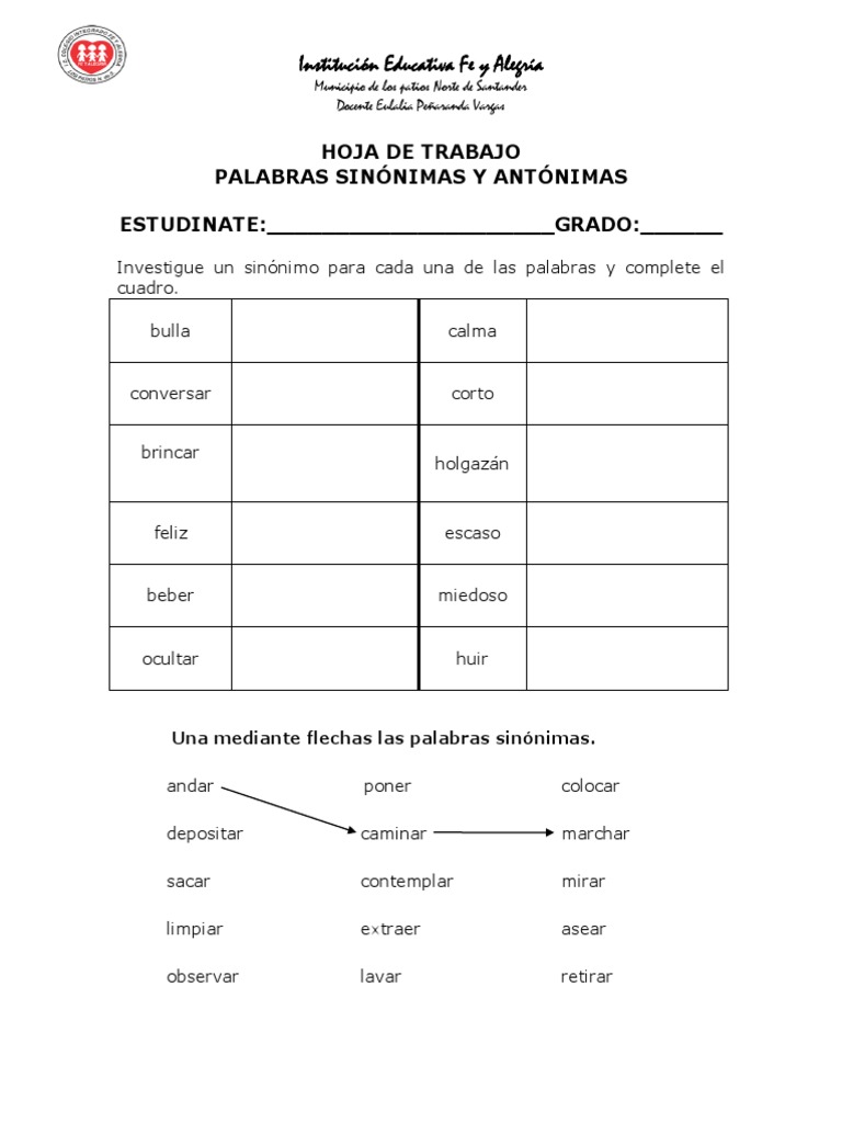 Hoja de Trabajo Sinonimos y Antonimos