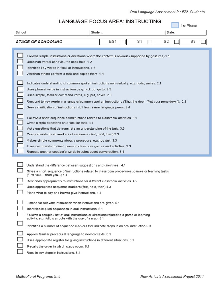 ESL Oral Language Instruction Assessment | PDF