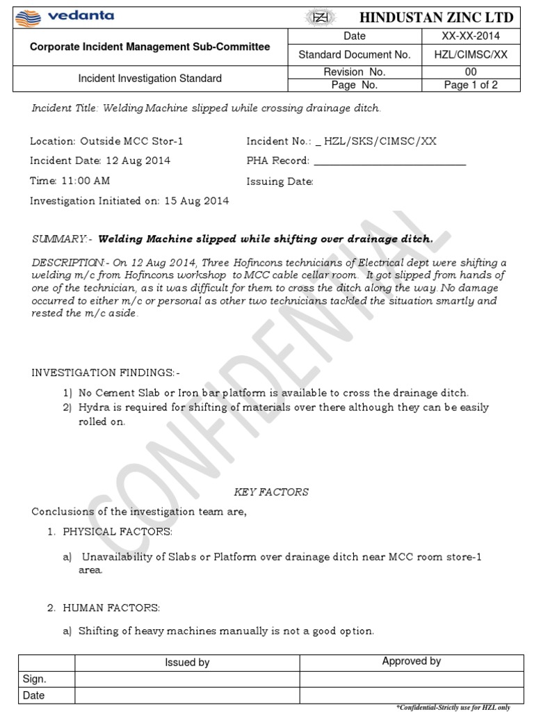 Welding Machine Incident Report HZL | PDF