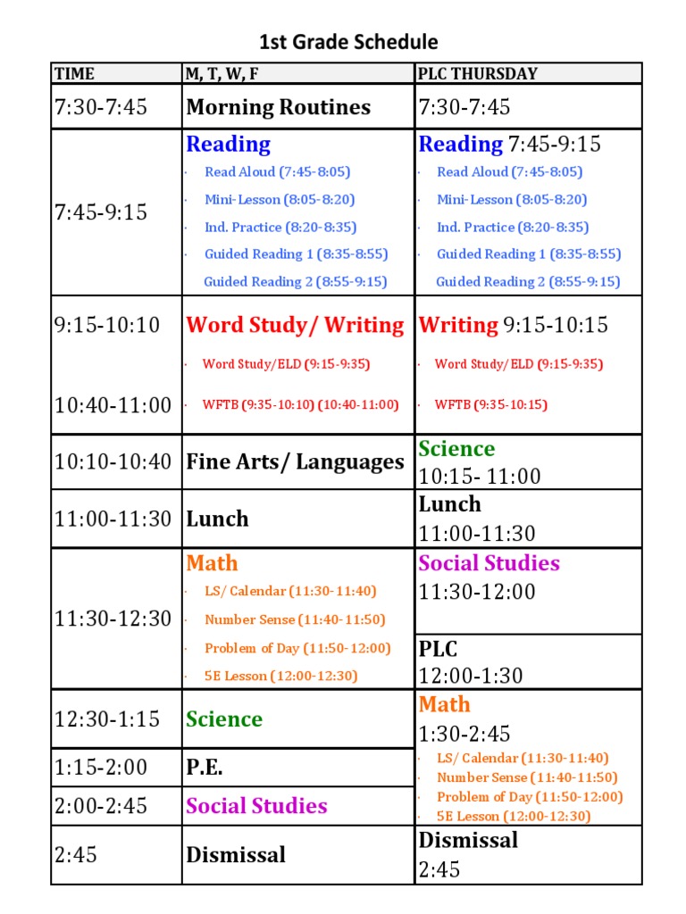 2014-2015 1st Grade Schedule | PDF | Language Arts & Discipline ...