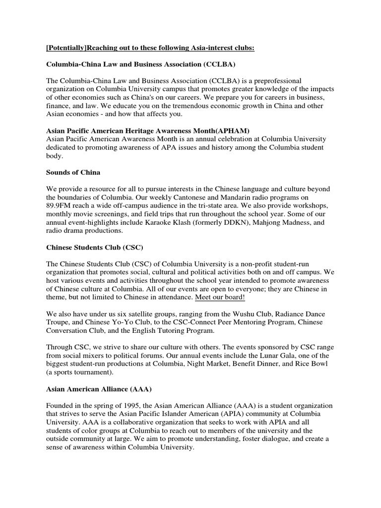 Potential Collaborating Clubs | PDF | Columbia University ...