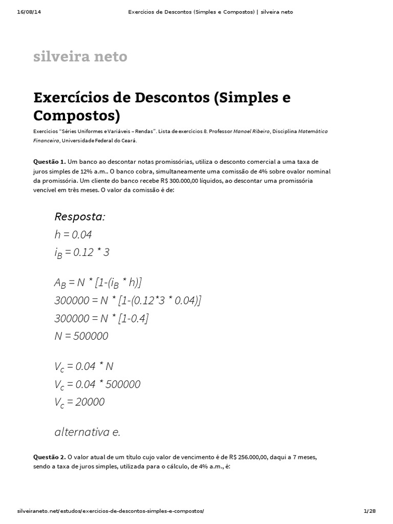 Exercícios de Descontos (Simples e Compostos) - Silveira Neto | PDF | Desconto | Factoring ...