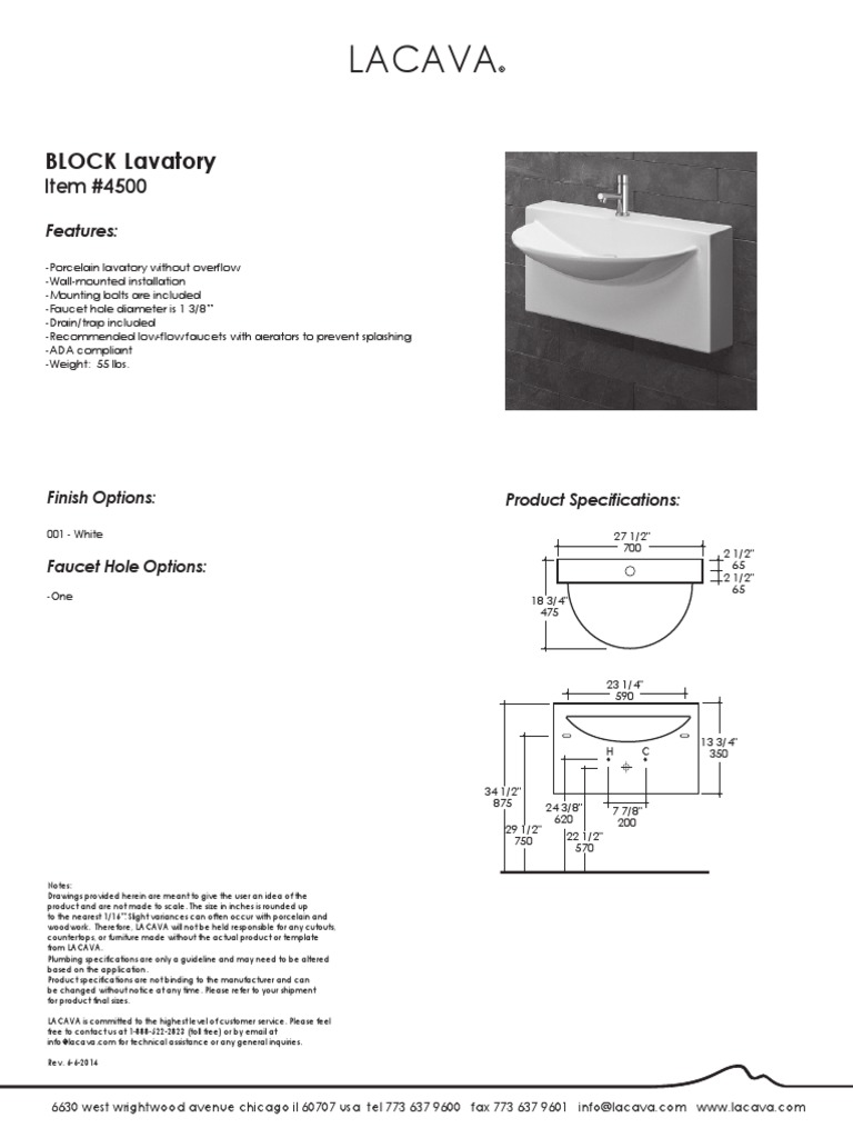 LACAVA Block Lavatory Specifications | PDF