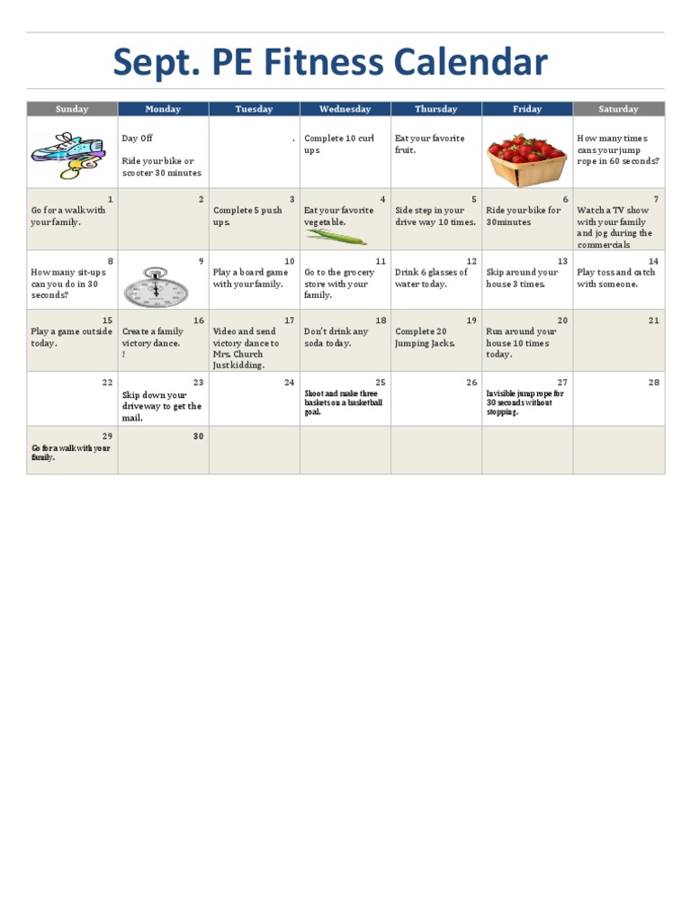 September PE Fitness Calendar Activities | PDF | Cooking, Food & Wine ...