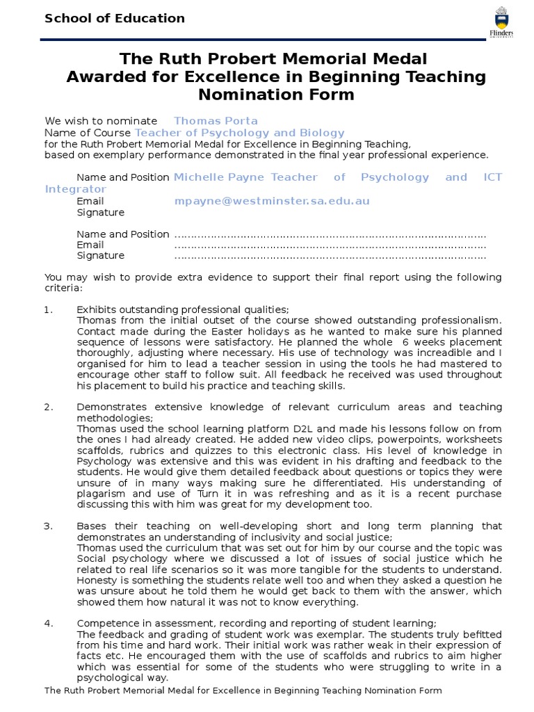 Nomination for Ruth Probert Medal | PDF | Curriculum | Pedagogy